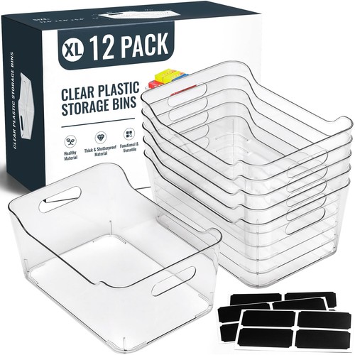 12 PACK Multi-Use Clear Plastic Storage Bins for Organizing w/ Labels ...
