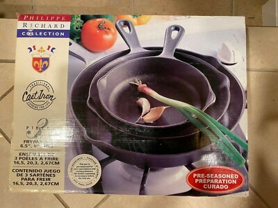 PHILIPPE RICHARD COLLECTION 3 PIECE FRYPAN SET CAST IRON CLASSIC PRE ...