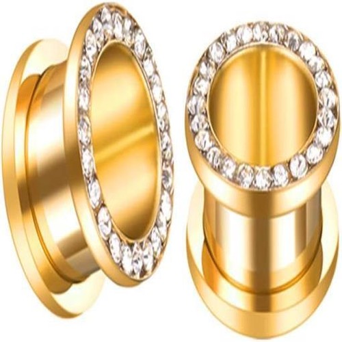 14K Gold Plated Crystal Ear Plugs Expander Earrings Stainless Steel ...