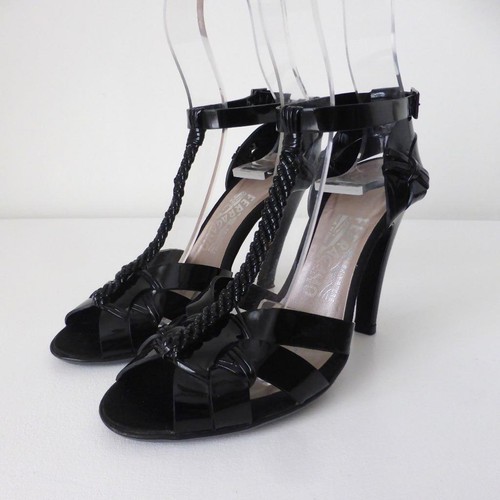 SALVATORE FERRAGAMO Black Patent Leather High Heel Sandals Size 7C Made ...