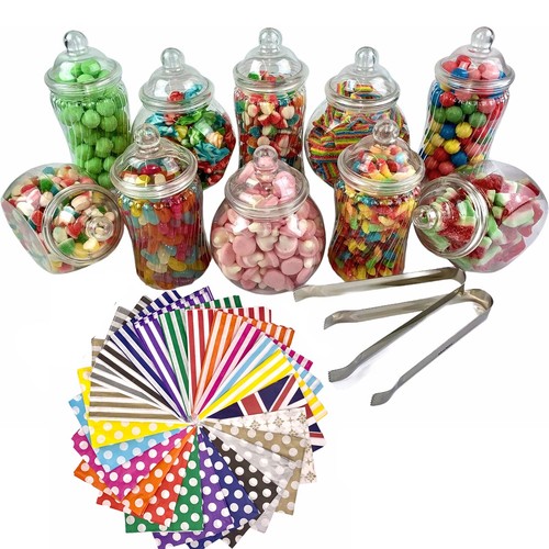 10x 650 & Spiral Plastic Sweet Jars 2 tongs 50 bags Candy Buffet ...