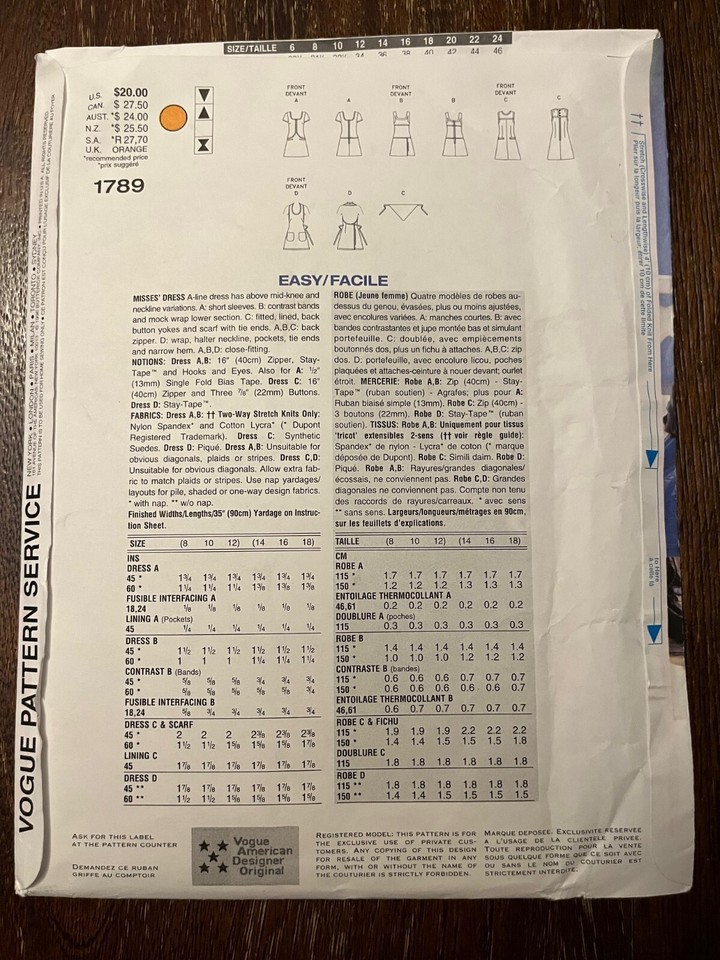 Vogue 1789 UNCUT Sewing Pattern, Misses' Dress, Size 8-10-12, Anna Sui ...