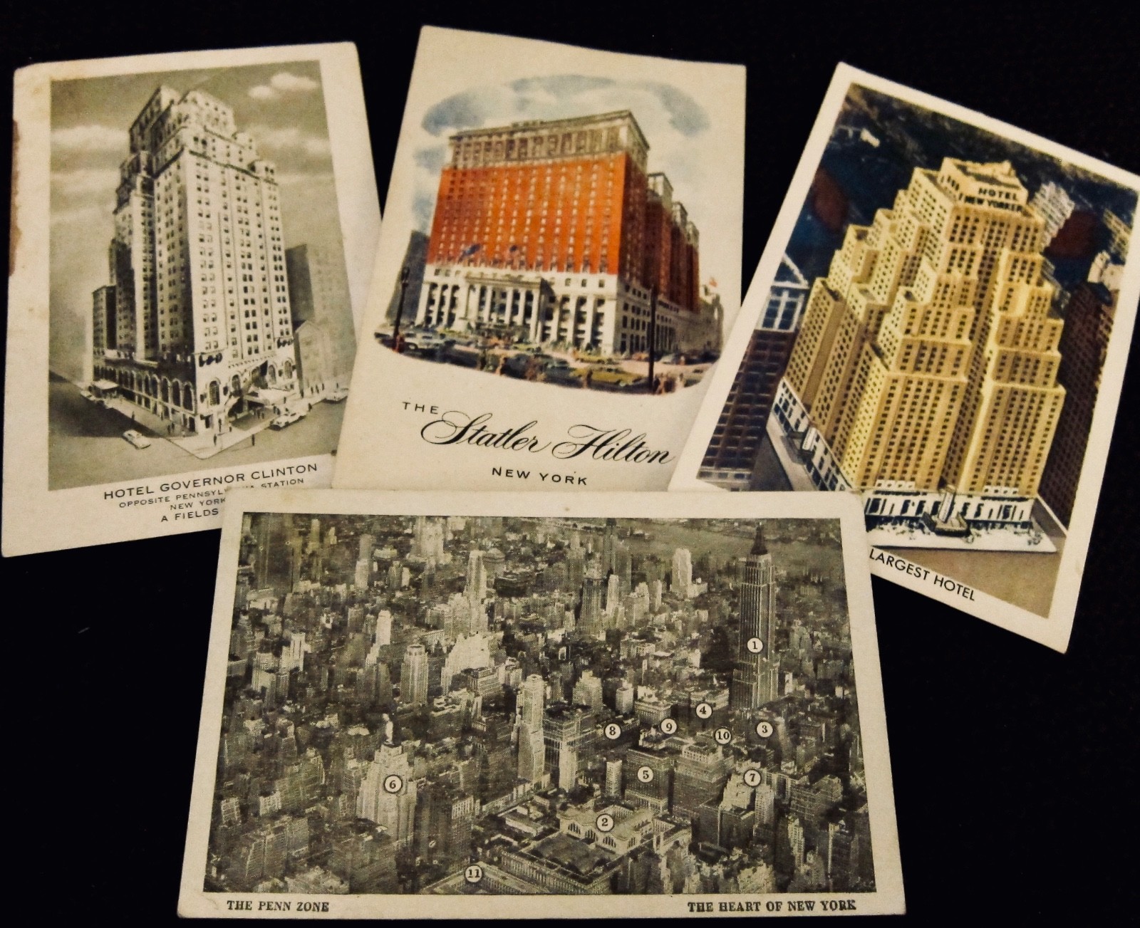 4 NYC Midcentury HotelPostcards:The New Yorker,The Statler Hilton, Gro ...