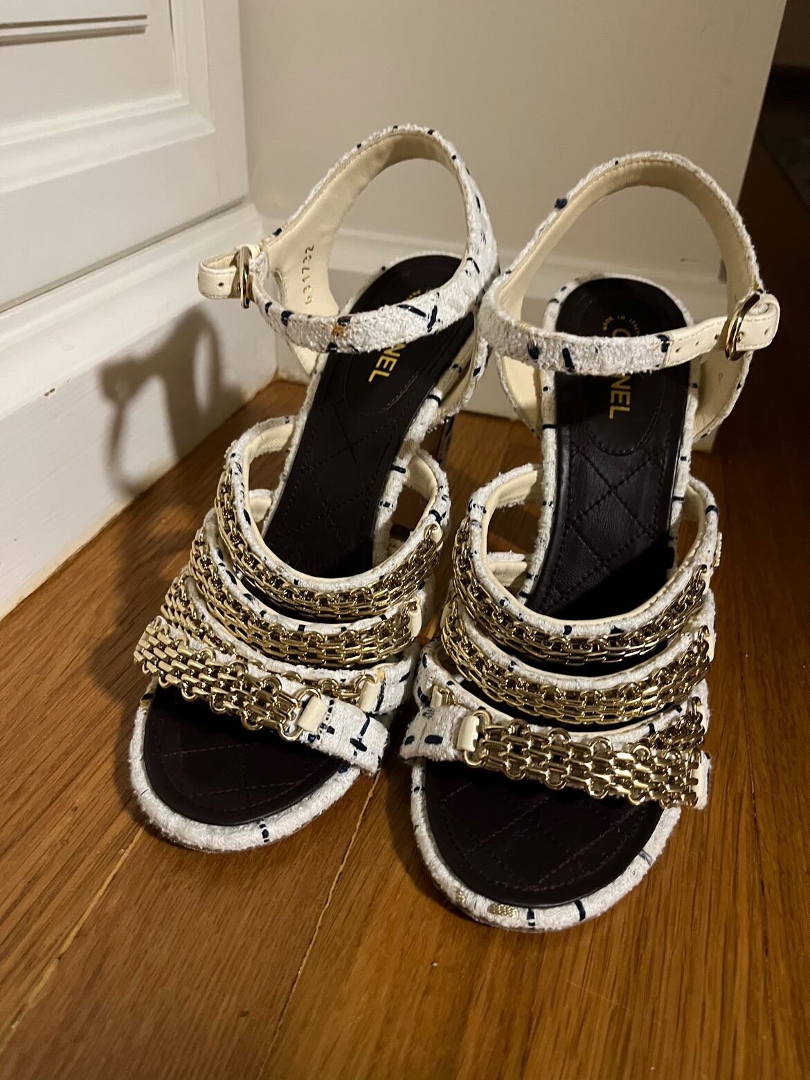 Chanel Tweed Gold Strap Heels CC PEARL LOGO SANDALS P… - Gem