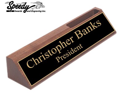 OFFICE DESK PLATE PERSONALIZED 10" BUSINESS CARD SLOT WALNUT NAMEPLATE ...