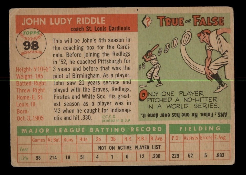1955 TOPPS #98 JOHNNY RIDDLE ST LOUIS CARDINALS | eBay