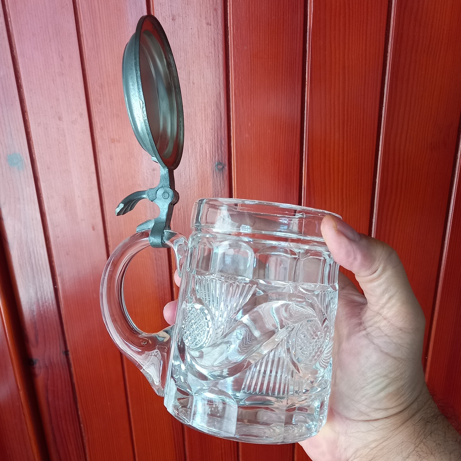 German Glass Pewter Beer Mug Stein Vintage Lid Decorated Brand/Prost ...