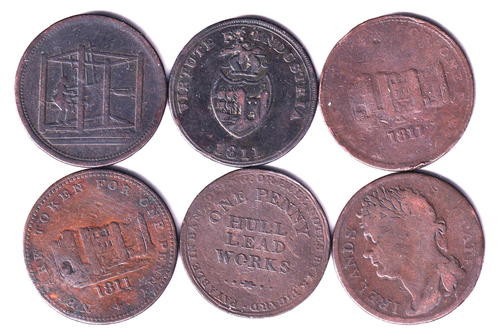 6 DIFFERENT UK & IRELAND CONDER TRADE TOKENS, PENNIES LOT D, 1811-1812 ...