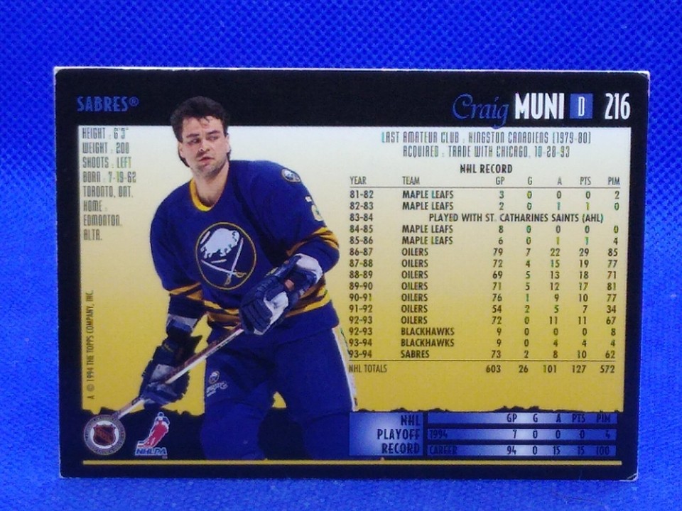 Craig Muni 1994-95 Topps Premier #216 PERSONAL AUTOGRAPH Buffalo Sabres ...