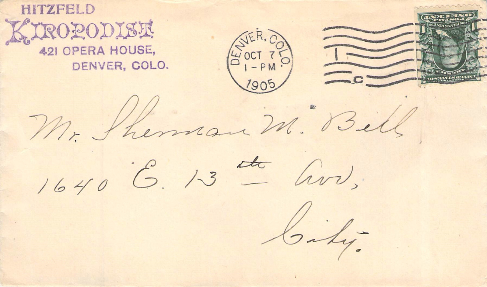 HITZFELD KIROPODIST OPERA HOUSE COLORADO FANCY CRAZY COOL CANCEL POSTAL ...