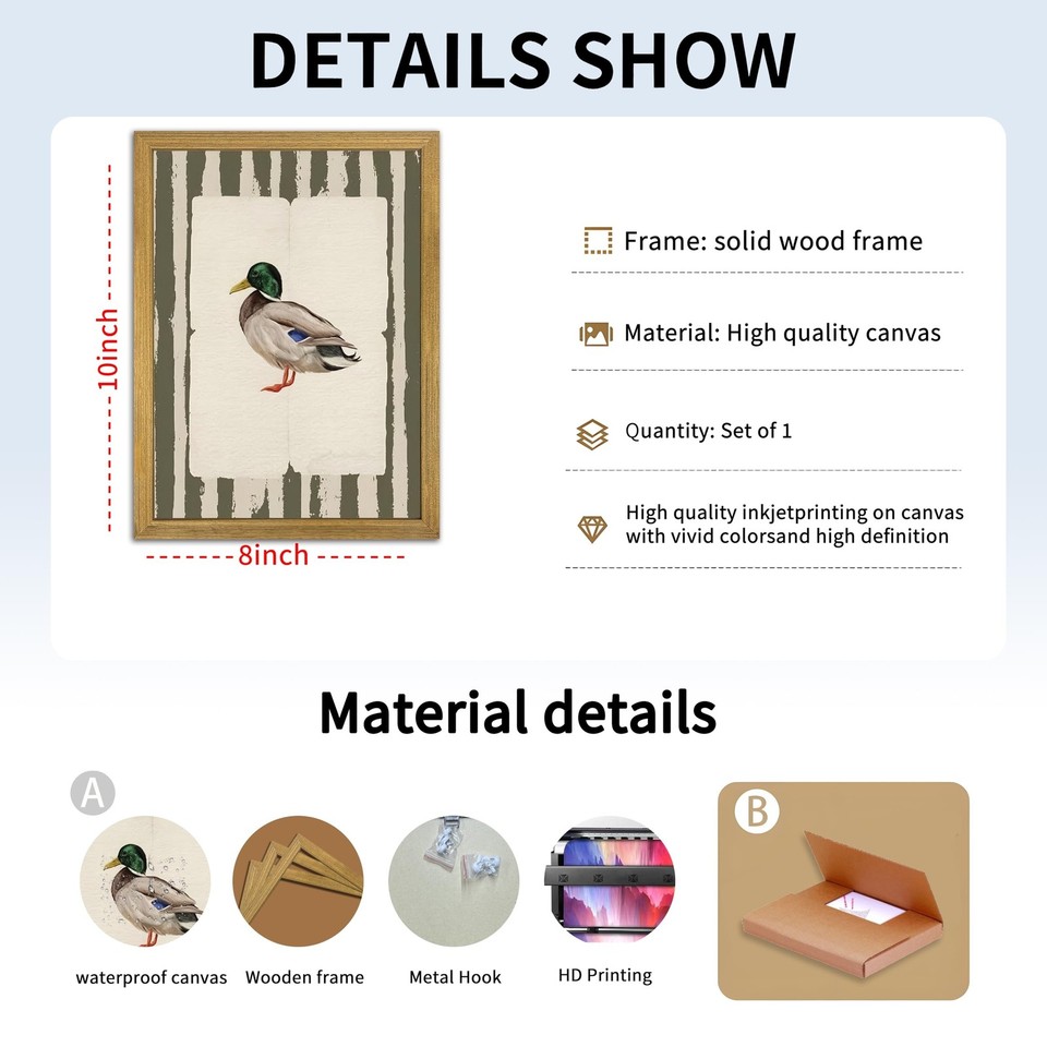 Vintage Framed Duck Wall Art Print, Rustic Mallard Bird Illustration ...