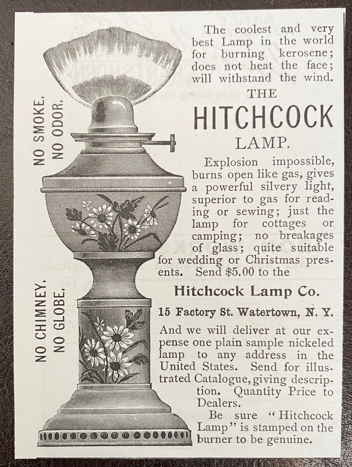 Antique 1892 Victorian Print Ad~HITCHCOCK LAMP Table Light w/Daisy ...