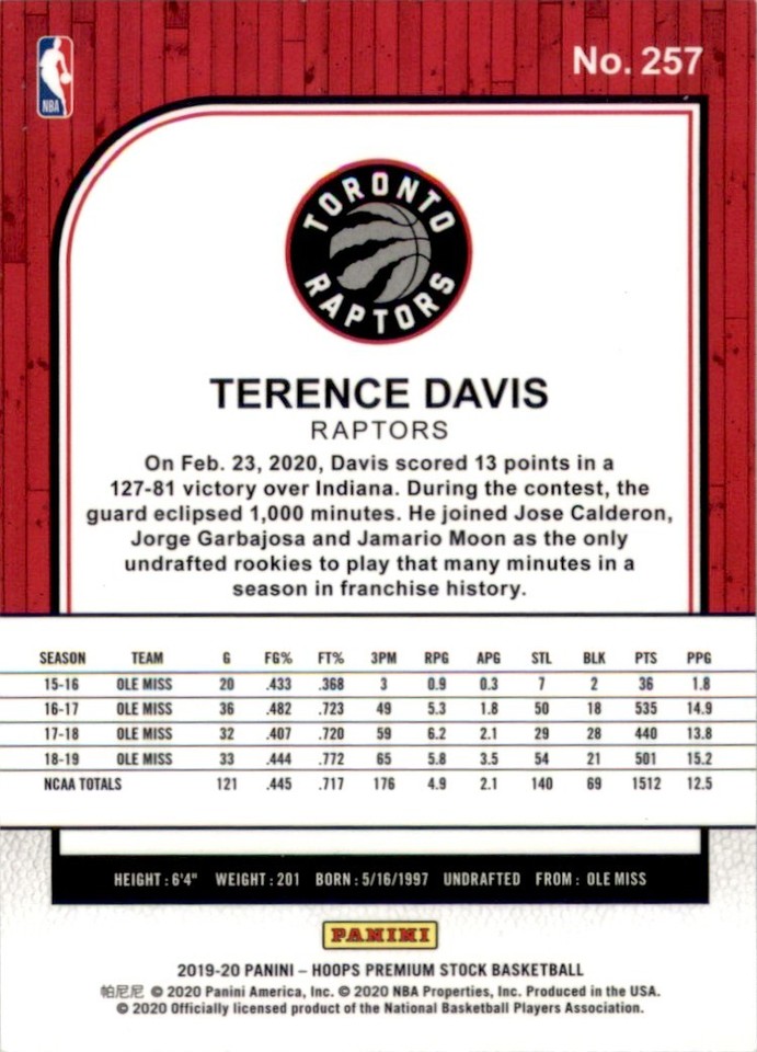 2019-20 HOOPS PREMIUM STOCK TERENCE DAVIS II RC TORONTO RAPTORS #257 NM ...