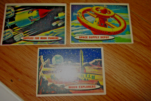 3 VINTAGE 1957 Topps Space Cards-#34 MOON EXPLORERS,#55 SUPPLIES,#53 ...