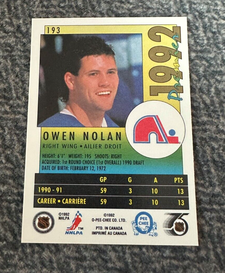1991-92 OPC Premier Nordiques Hockey Card #193 Owen Nolan | eBay