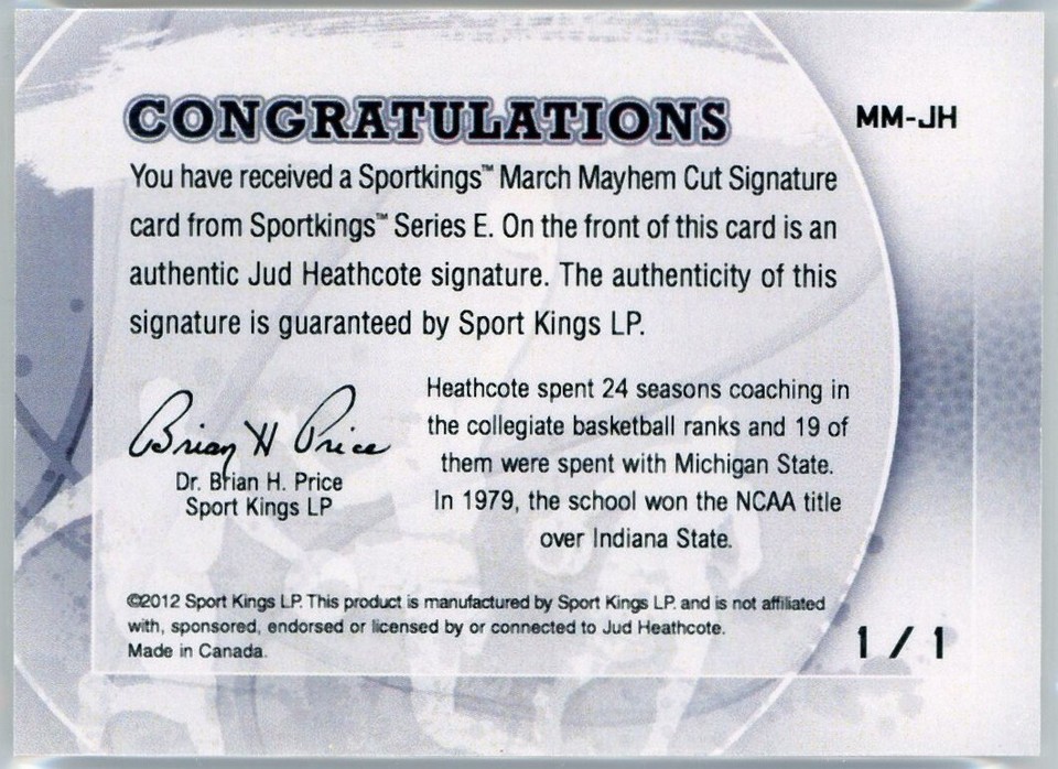 2012 SPORTKINGS JUD HEATHCOTE MARCH MAYHEM CUT AUTOS #MMJH - GRADED BGS ...