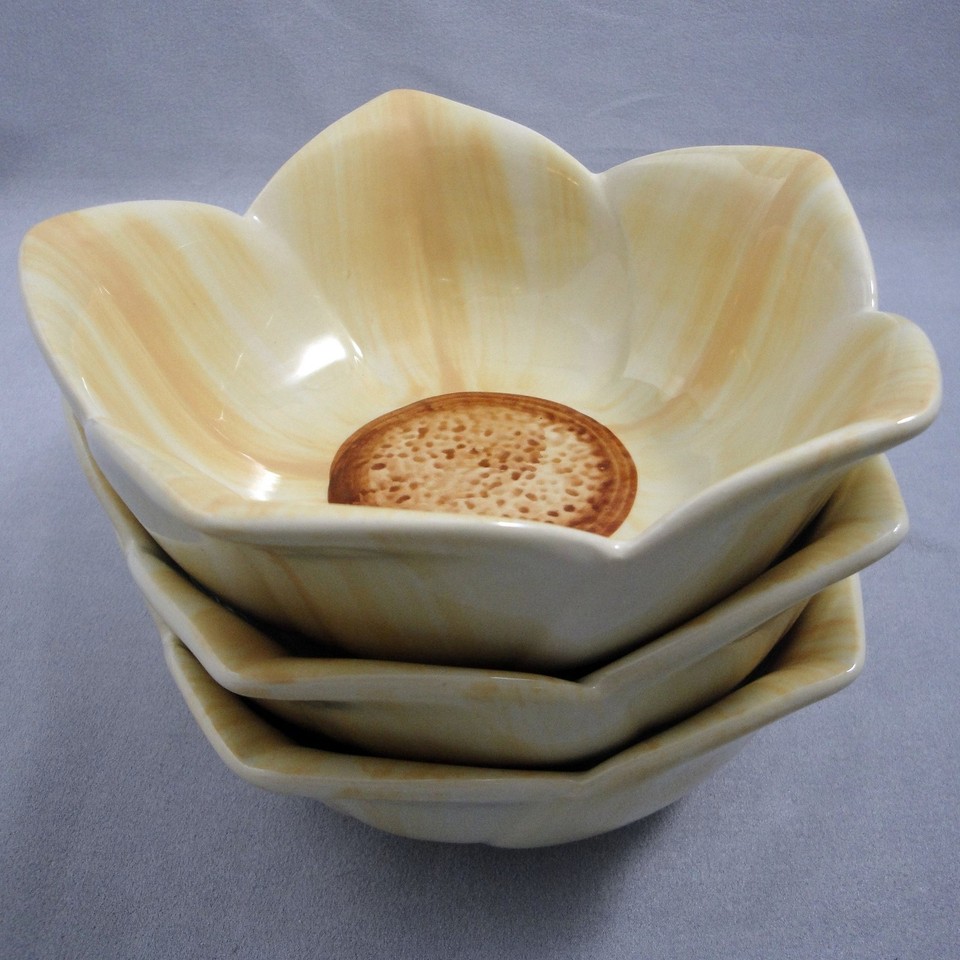 Temptations Old World Yellow Flower Petal Cereal Soup Salad Bowls 3 pc ...