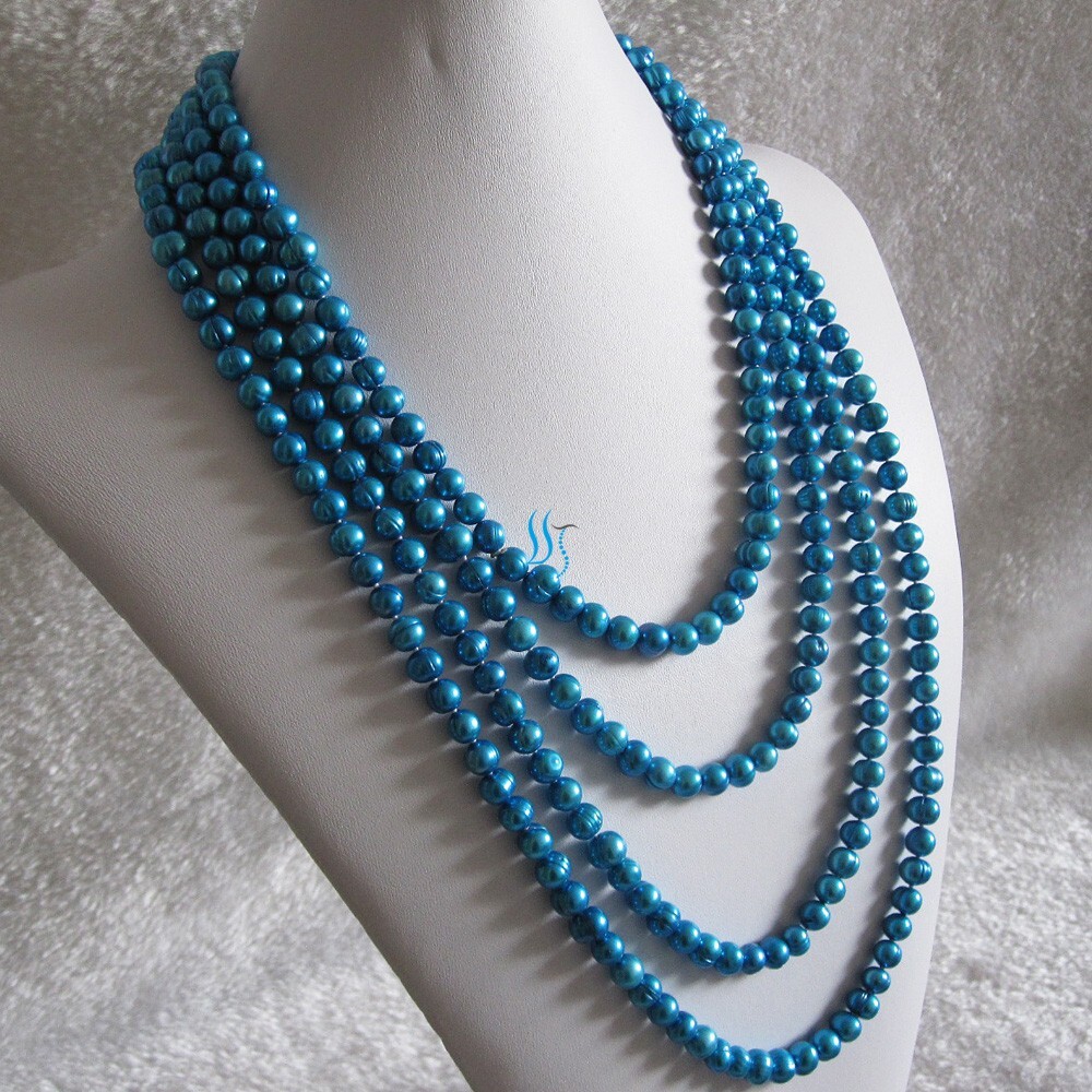Blue Necklace Long Pearl Strand Beautiful Long Coloured Freshwater