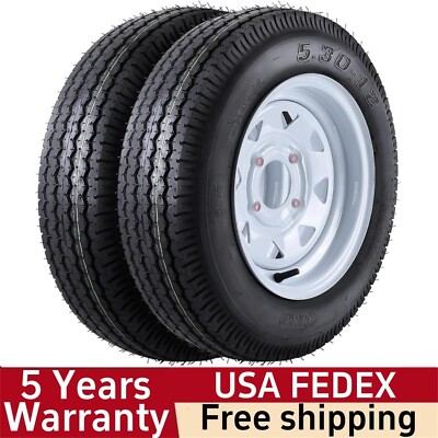 2PACK Trailer Tires with 12" Rims 4 Lug on 4" 6 PR 5.30x12 530-12 5.30 ...