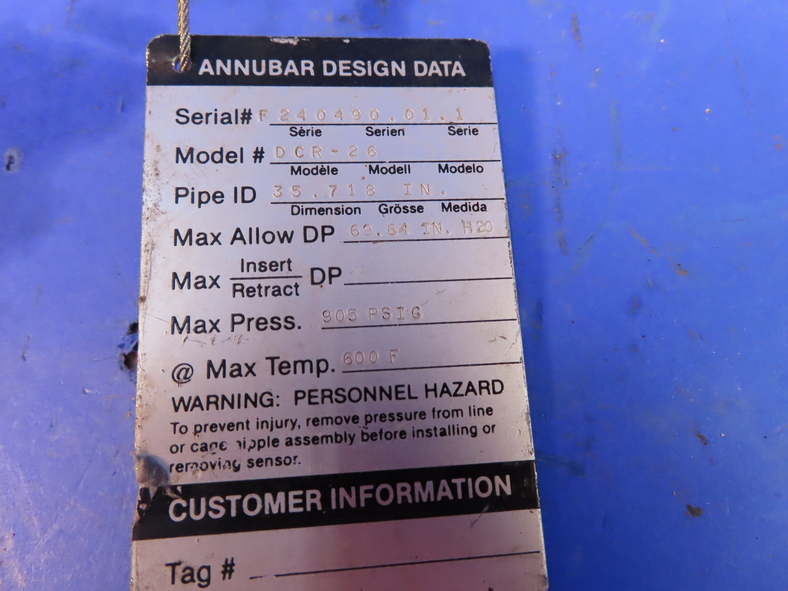DIETERICH FLOW METER DCR-26 DIAMOND II ANNUBAR PIPE 35.718 IN 905PSIG ...