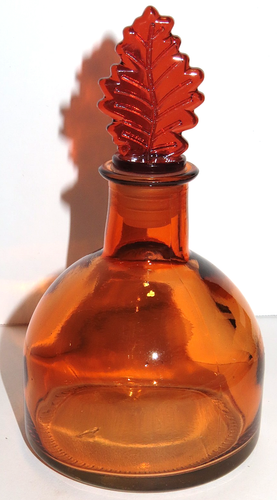 Small Glass Perfume or Oil Bottle with Maple Leaf Stopper 5.25" Amber ...