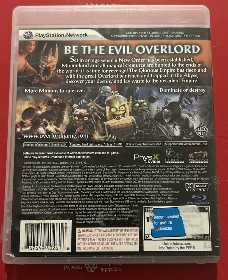 Overlord II 2 (Sony PlayStation 3, 2009) PS3 Game free postage ps3 ...