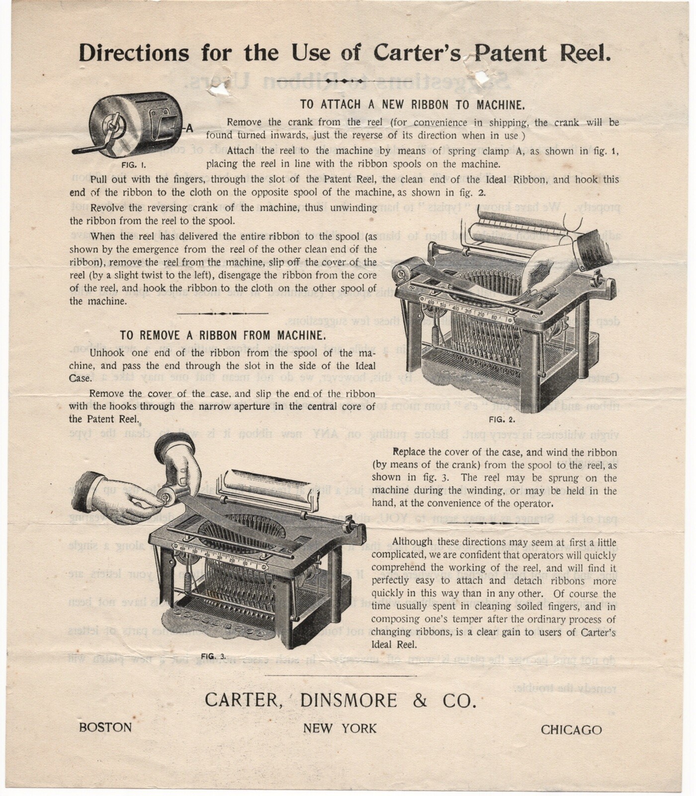 1890s CARTER DINSMORE CO DIRECTIONS USE OF CARTERS PATENT REEL ...