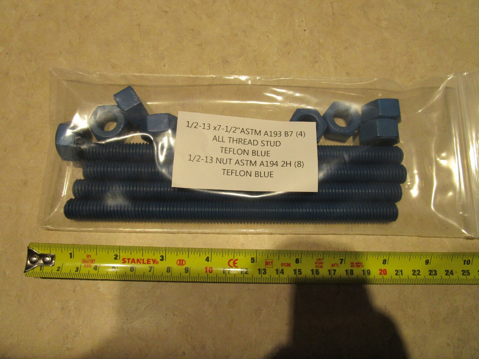 4 PIECES ALL THREAD W/ NUTS B7 STUD 1/2-13 X 7-1/2" BLUE TEFLON COATED ...