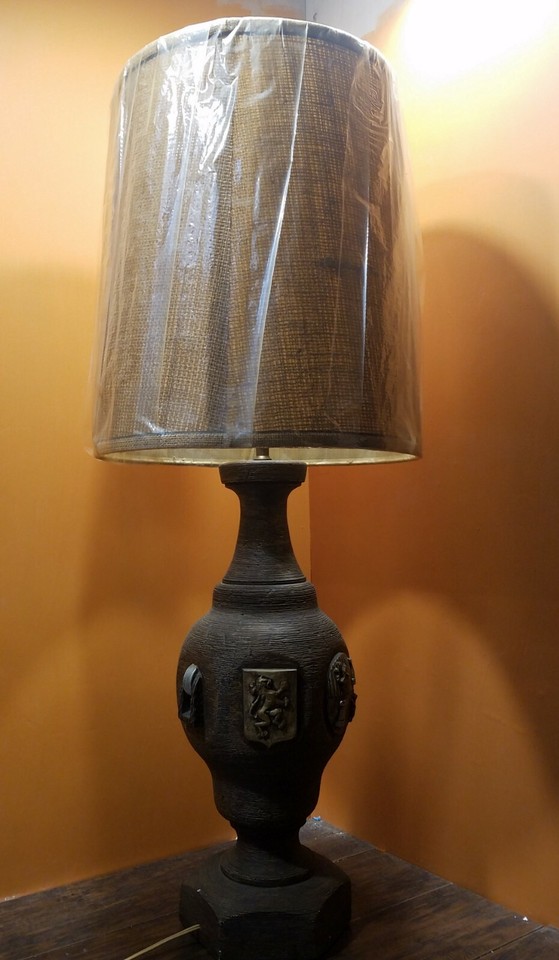 Vintage Medieval Table Lamp Castle Knight Burlap Drum Shade Mid Century ...