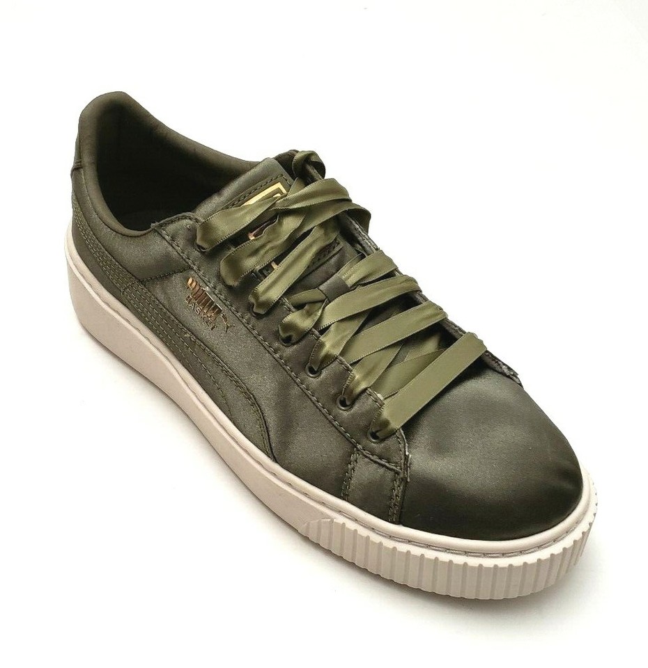Puma Women's Basket Platform Fashion Sneaker Shoes Satin Green / White ...