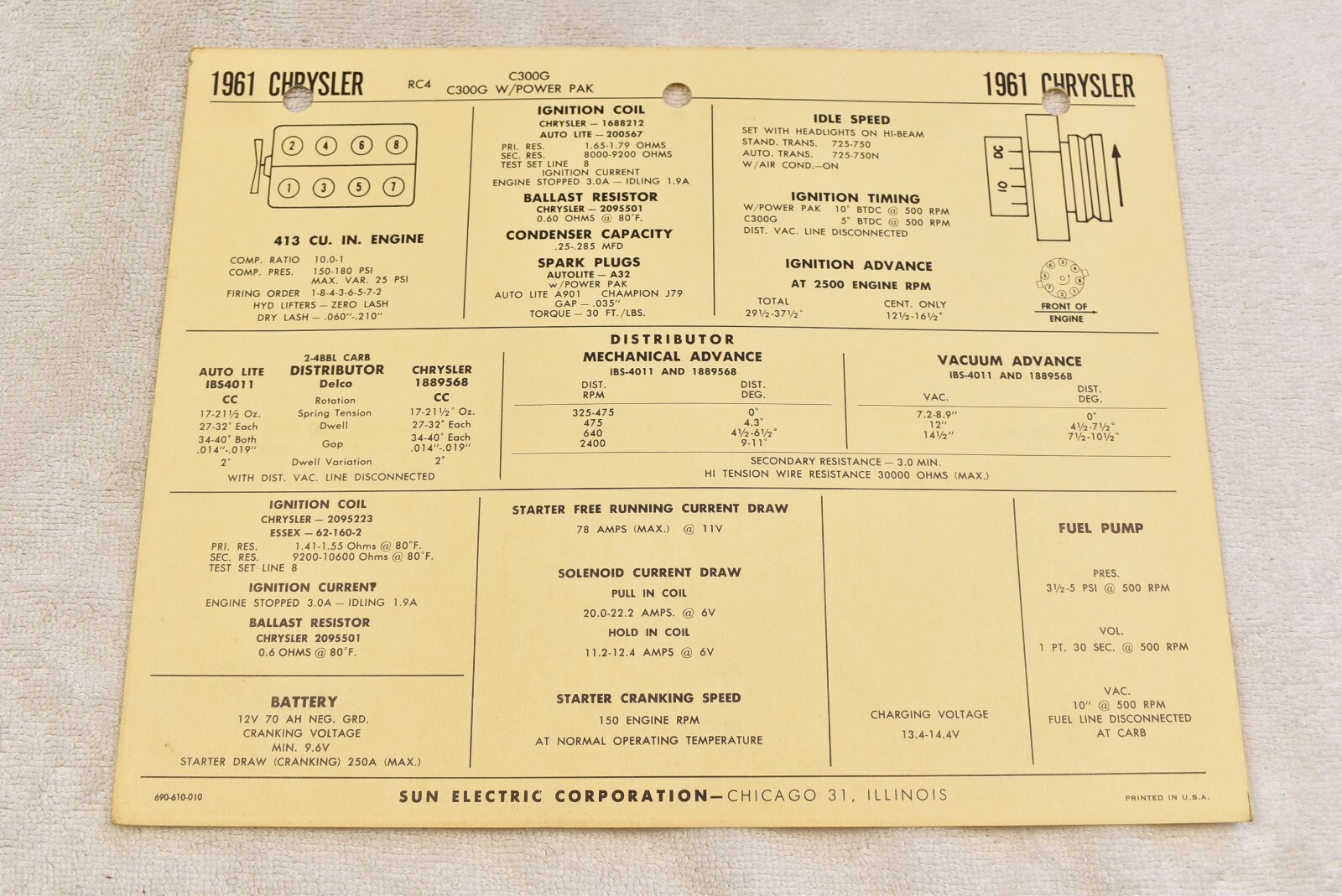 1961 CHRYSLER 300 8 CYL 413 CID SUN TUNE-UP CHART | eBay