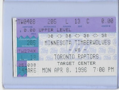 4/8/96 MN Timberwolves ticket stub Inaugural Toronto Raptors KEVIN ...