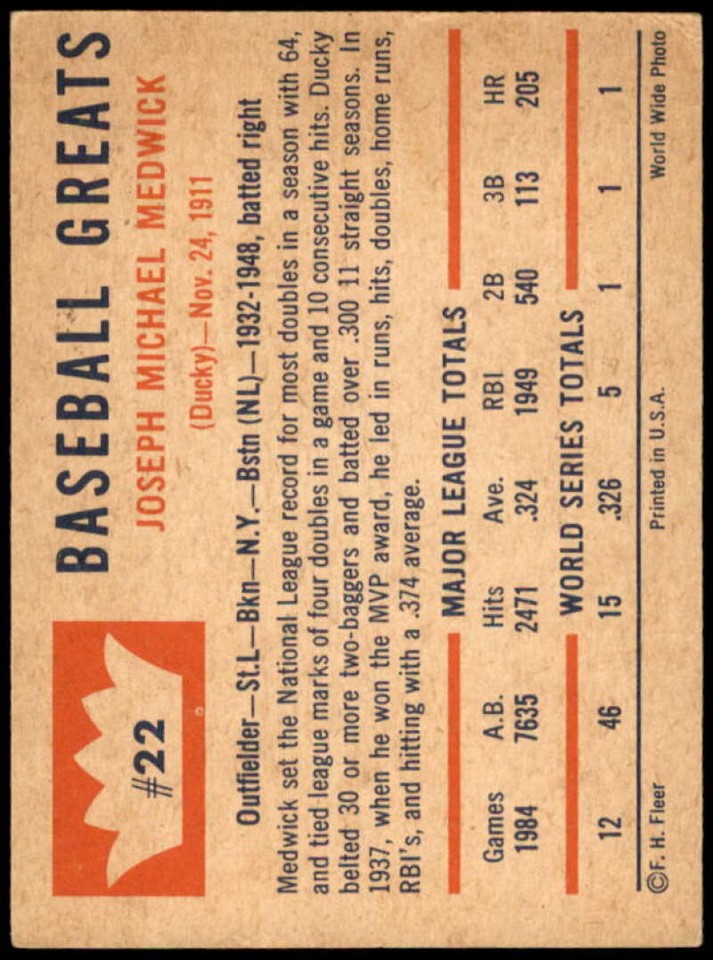 Joe Medwick Card 1960 Fleer #22 | eBay