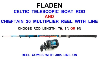 FLADEN CELTIC TELESCOPIC BOAT ROD+CHIEFTAIN 30 MULTIPLIER REEL+LINE SEA ...