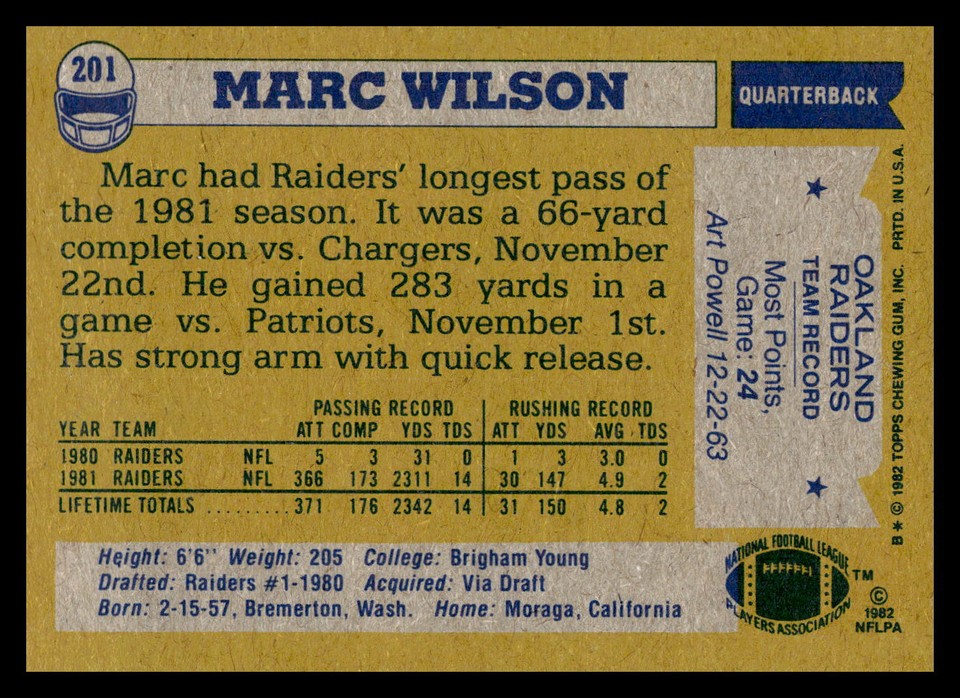 1982 Topps #201 Marc Wilson Oakland Raiders RC Football Card Good | eBay