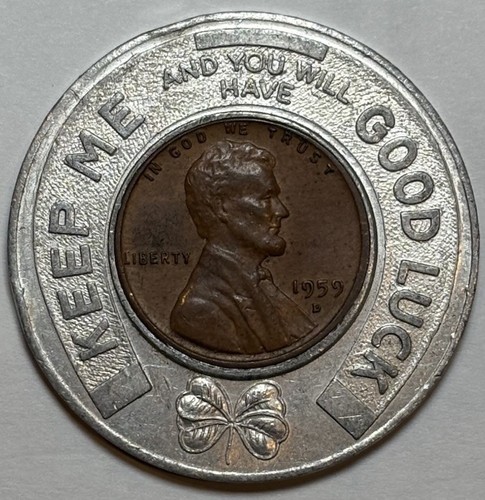 1959 D US Cent Coin Encased Good Luck Muller Bros Greatest Auto Center ...