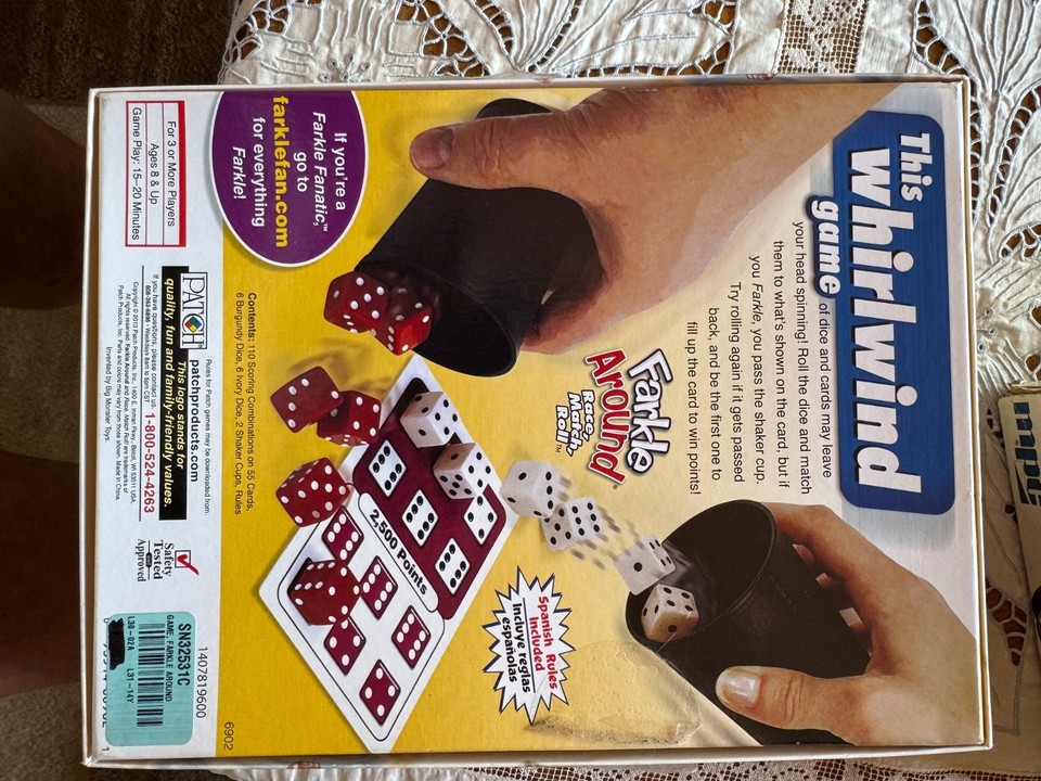 Farkle around dice game box is open but the game cards are still sealed ...