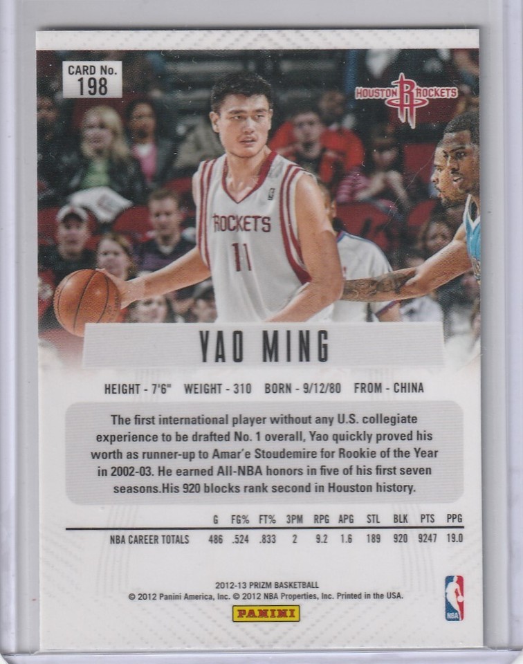 YAO MING Rockets 2012 Panini Prizm #198 Base Card 1st year Prizm ...