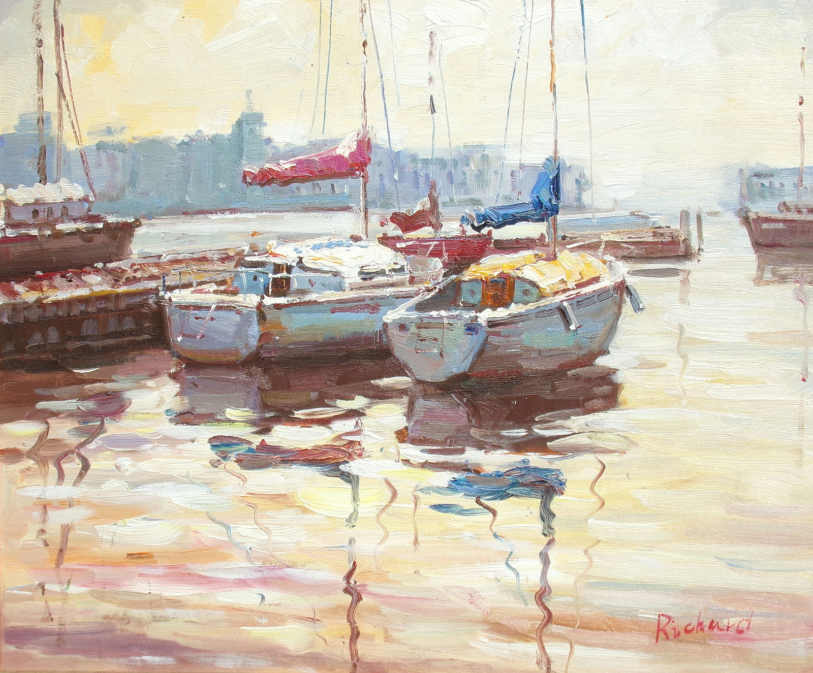 "Richard" Original Oil Painting Art on Canvas sailboats harbor ...