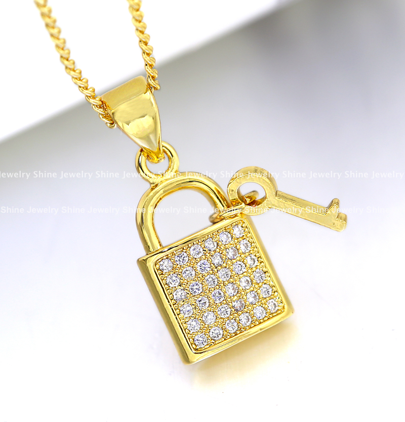 9K GOLD GF CRYSTAL KEY PADLOCK CHARM LADY GIRLS SOLID PENDANT NECKLACE ...