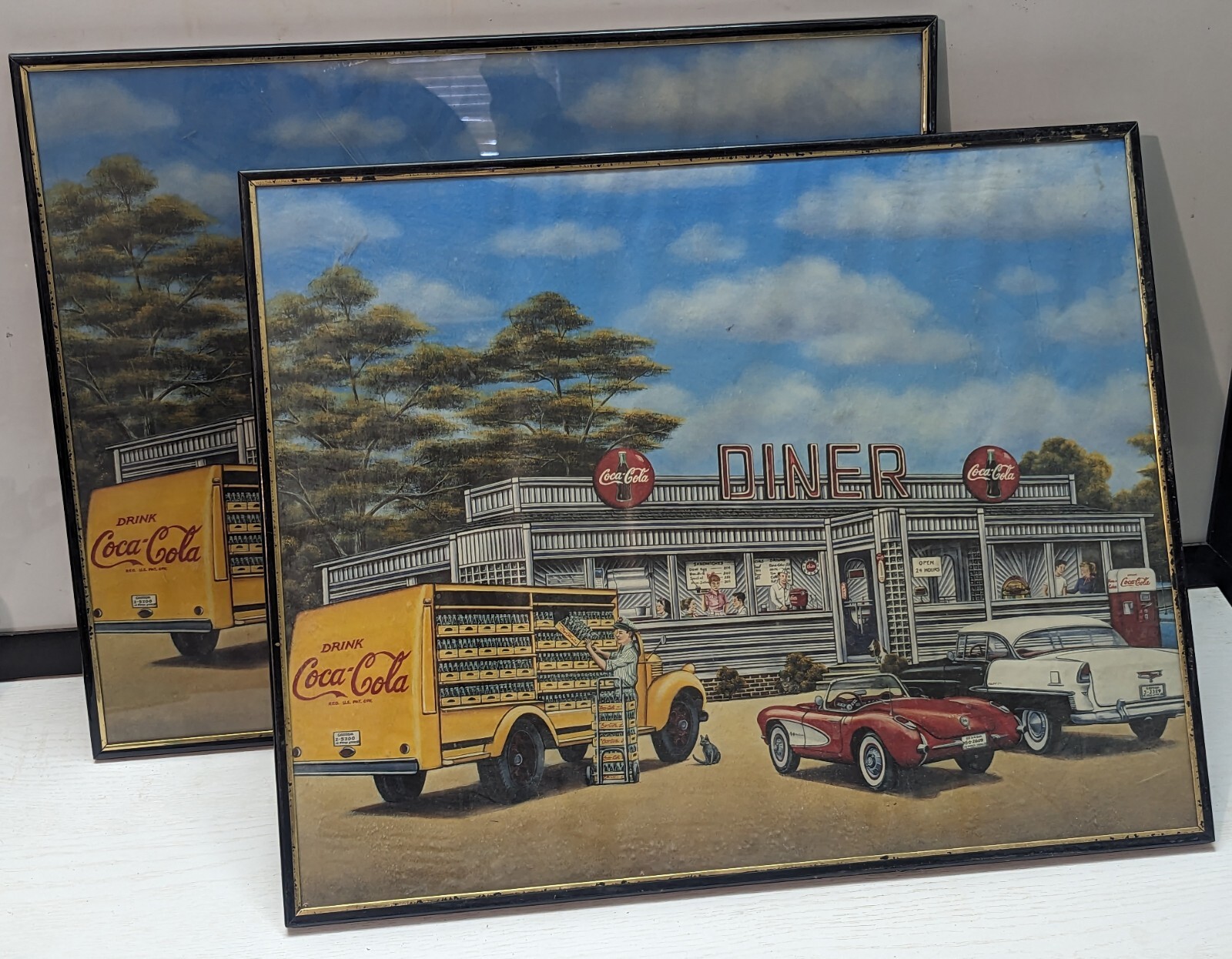 Two 1995 Pamela Renfroe Coca-Cola Chevy Corvette Print Poster Diner ...