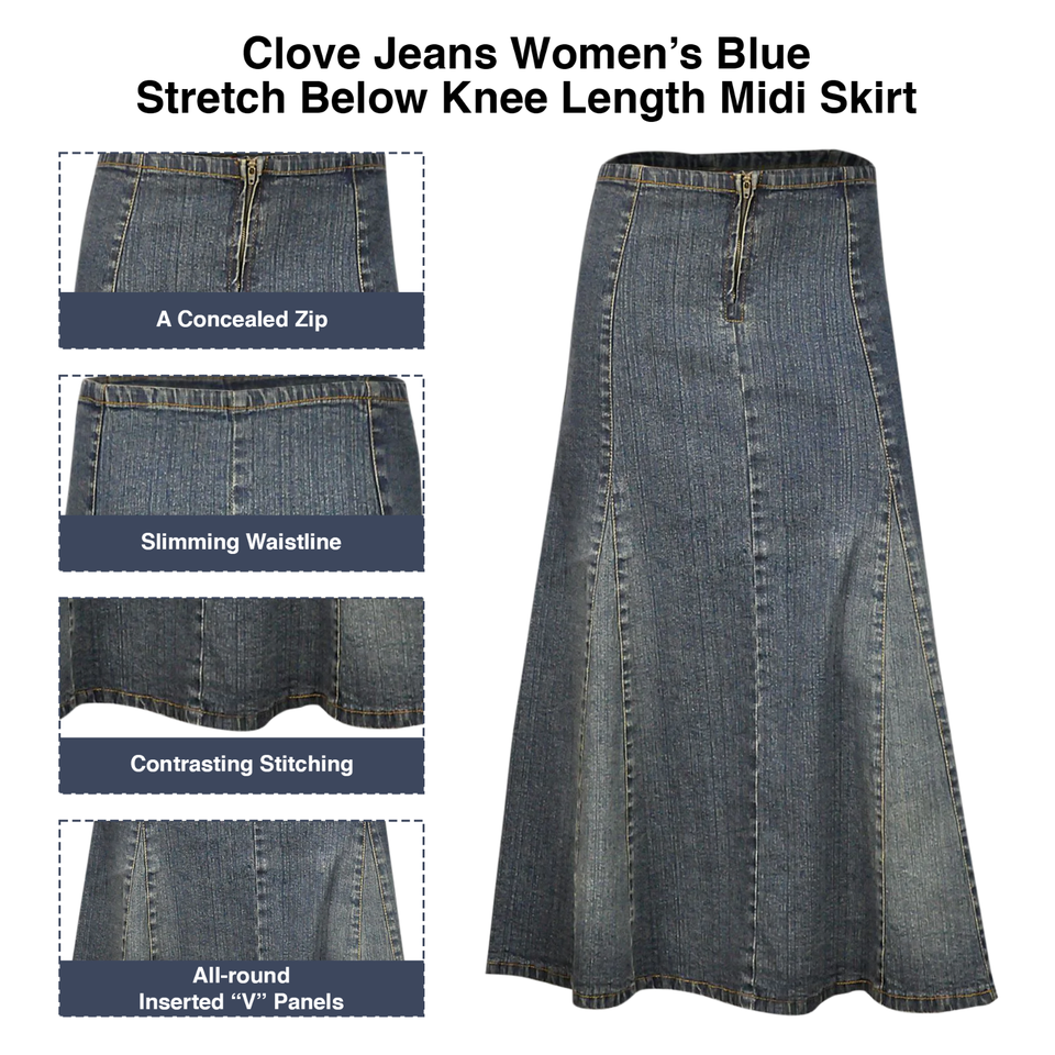 Clove Jeans A Line V Panels Blue Denim Midi Skirts for Women Uk Plus ...