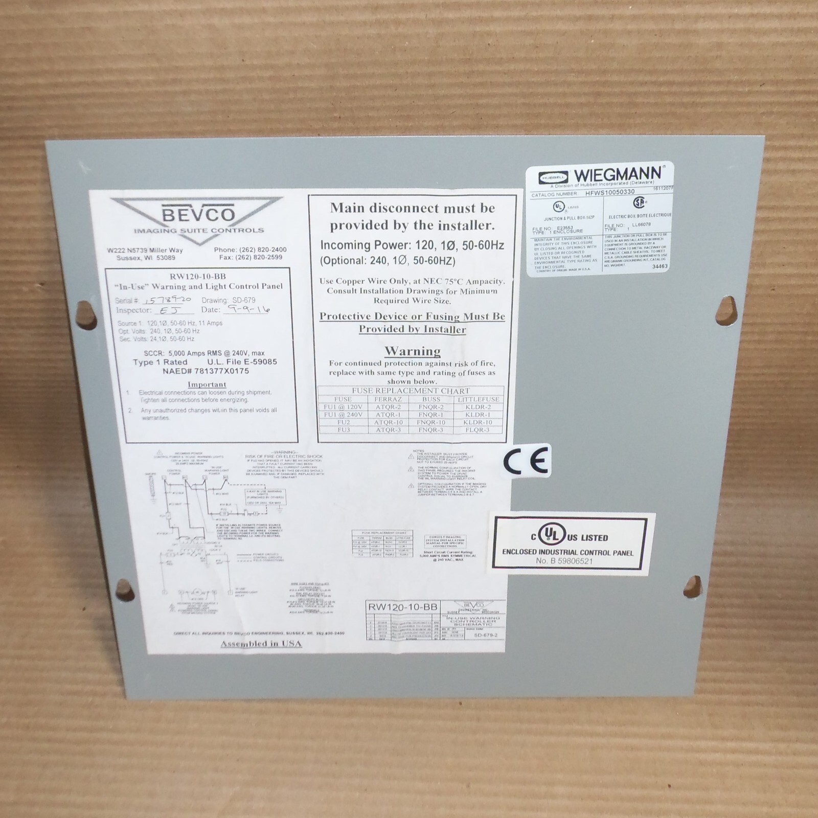 BEVCO RW120-10-BB "IN-USE" WARNING LIGHT CONTROL PANEL 120VAC X-RAY/CT ...