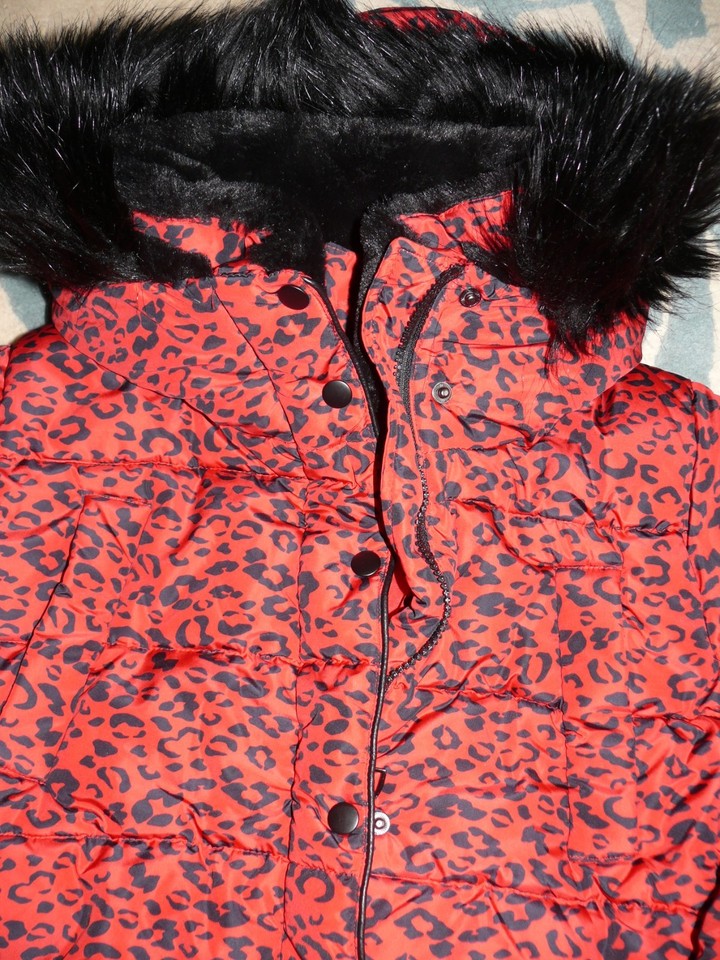 Puffa Jacket Leopard Print with full faux fur hood Size 12 Red | eBay UK