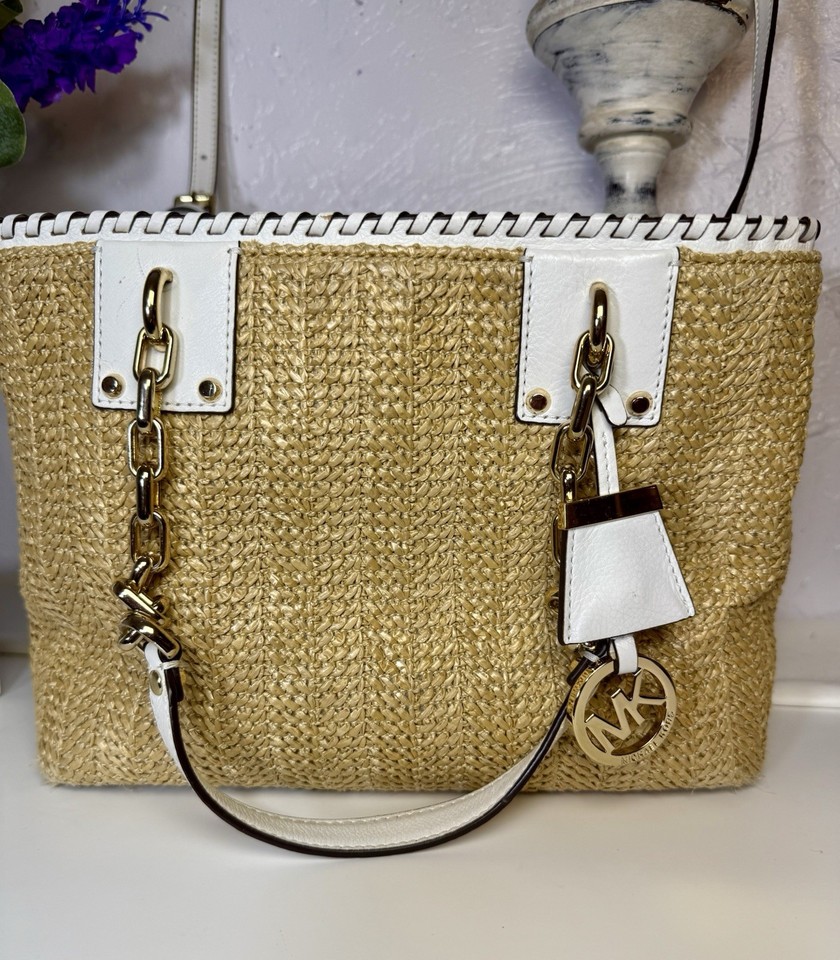 Michael Kors Straw Rosalie Tote Handbag with White Leather Straps and Gold EUC | eBay