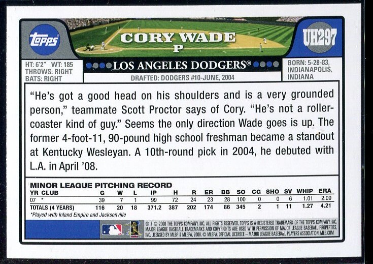 2008 Topps Baseball Cory Wade #UH297 Los Angeles Dodgers | eBay