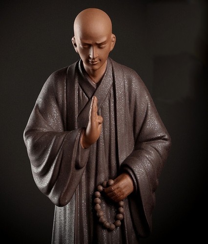 7.87" Chinese Zi Sha Sand Bowing Monk Statue Buddhism Zen Figure Decor ...