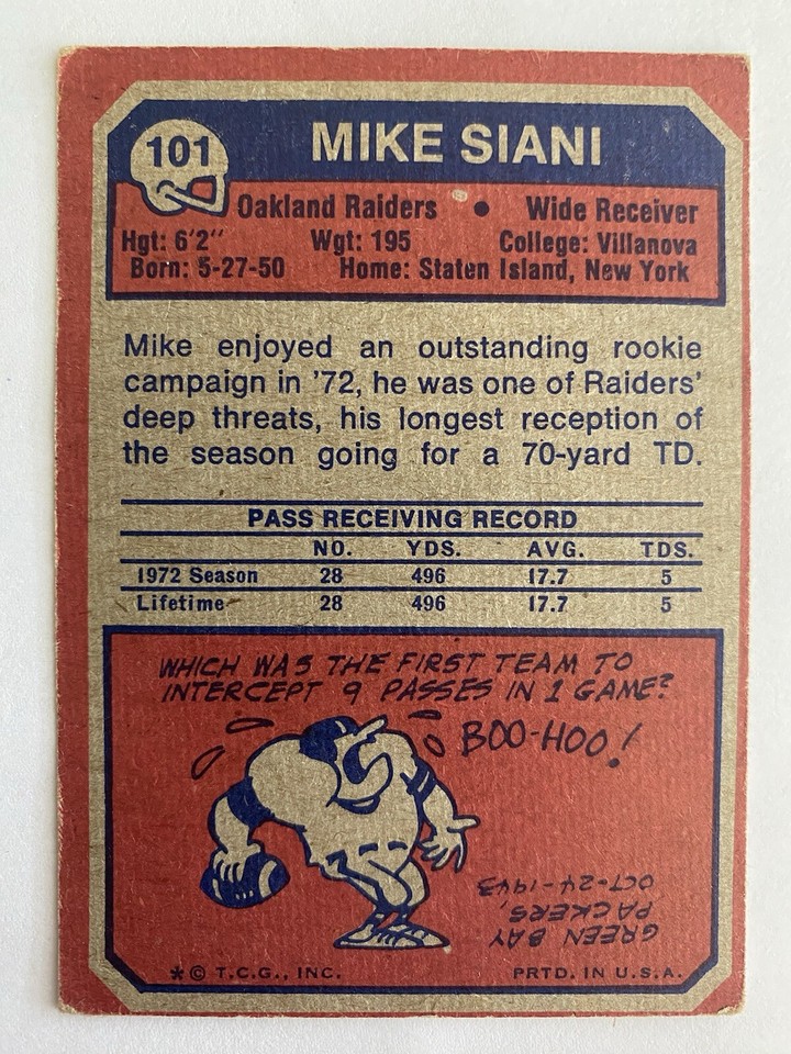 1973 Topps Football #101 Mike Siani Rookie | eBay