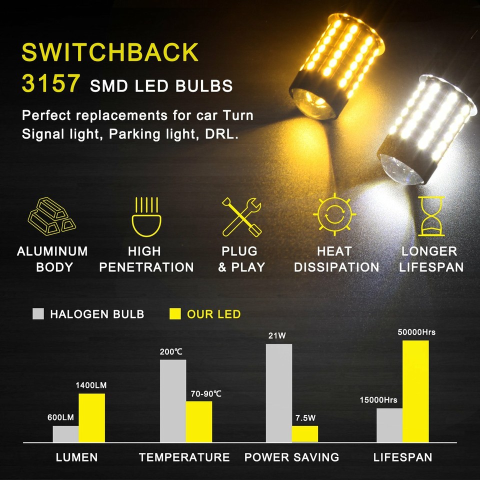 2X 3157 3156 4157 LED Switchback White Yellow Amber Turn Signal Lamp ...