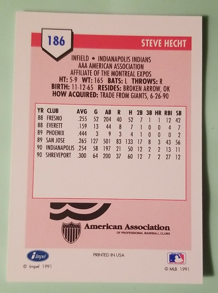 1991 Line Drive AAA #186 Steve Hecht - Indianapolis Indians | eBay